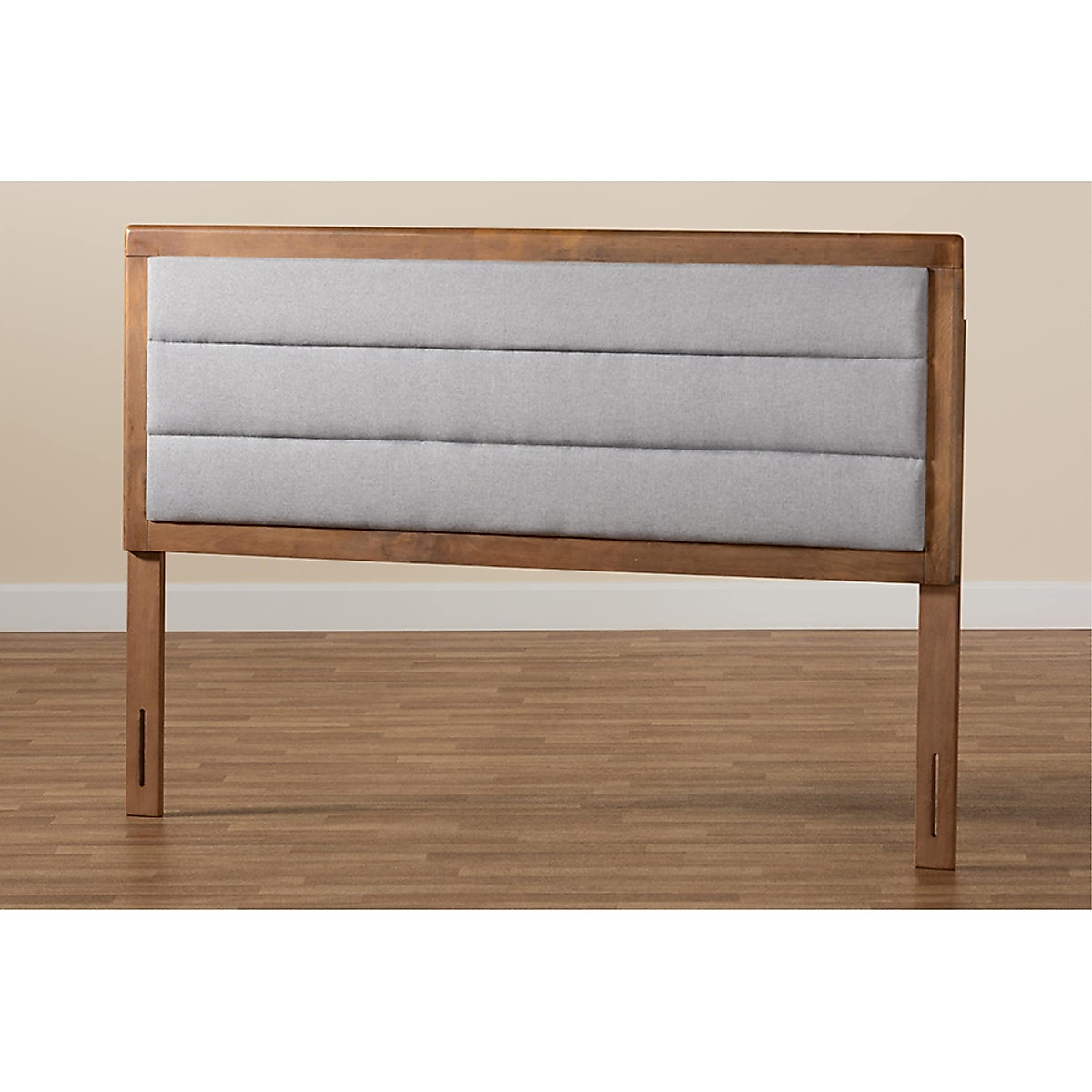 Baxton Studio Dexter Modern and Contemporary Light Grey Fabric Upholstered and Walnut Brown Finished Wood Queen Size Headboard