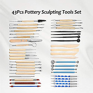 ISSEVE Pottery Clay Sculpting Tools 43Pcs Double Sided Ceramic Clay Carving Tool Set with Carrying Case Bag for Beginners Professionals School Student Pottery Modeling Smoothing