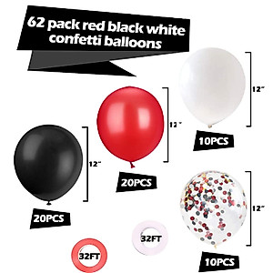 62Pcs Red and Black Balloons Kit - 12 Inches Red Black Party Decoration Balloons for Graduation Casino Theme Birthday Party Decorations Supplies