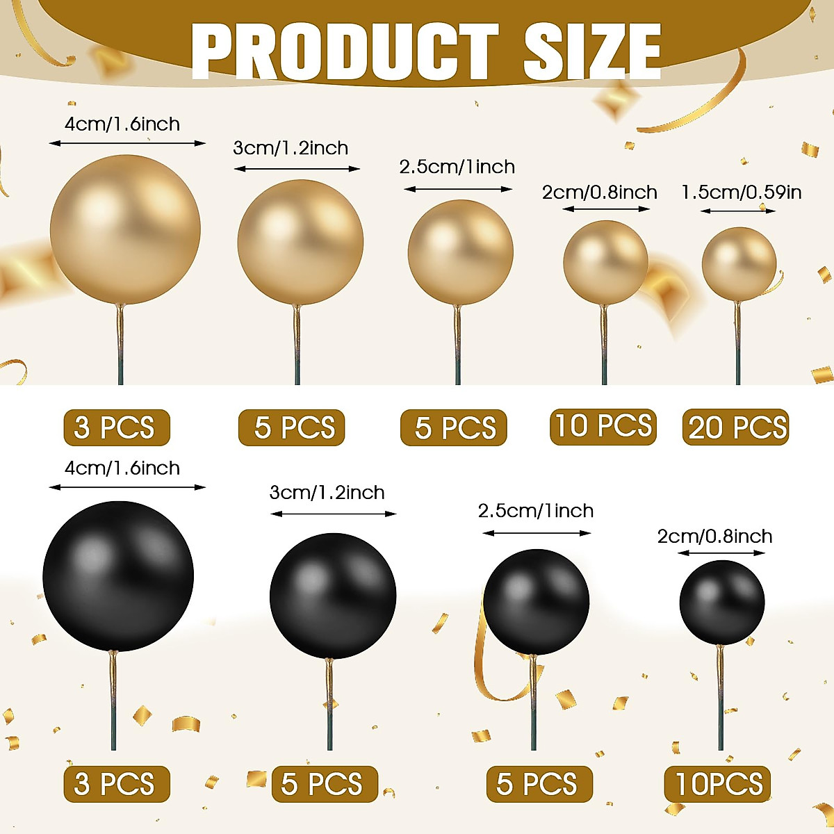 66 Pieces Black And Gold Cake Decorations Ball Cake Topper 4 Size Balloon Cake Topper Gold Cake Topper Balls Black Cake Balls Decorations for Birthday Party Wedding Anniversary Baby Shower(Gold,Black)