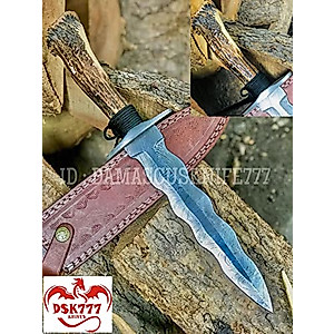 NoonKnives: custom Hand Made Damascus forge wavy style Steel Collectible wavy dagger Knife Handle deer stag horn crown with damascus Inserts (stag)