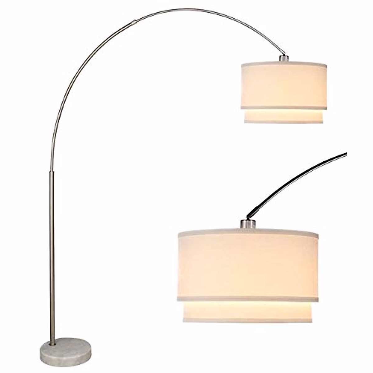 SH Lighting 6938 Brush Steel Arching Floor Lamp with Marble Base - Features Large Drum Style Shade - 81" Tall Fits in Living or Bedrooms (White-Double)
