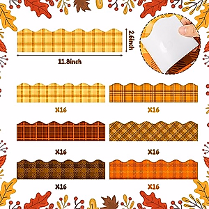 BeYumi 96Pcs Fall Yellow Orange Brown Plaid Bulletin Board Borders Autumn Thanksgiving Plaid Scalloped Border Trims Fall Harvest School Classroom Office Chalkboard Blackboard White Board Wall Decor