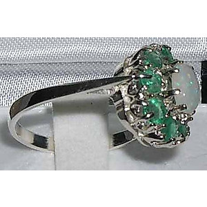 LetsBuyGold 10k White Gold Natural Opal and Emerald Womens Cluster Ring - Size 8.75