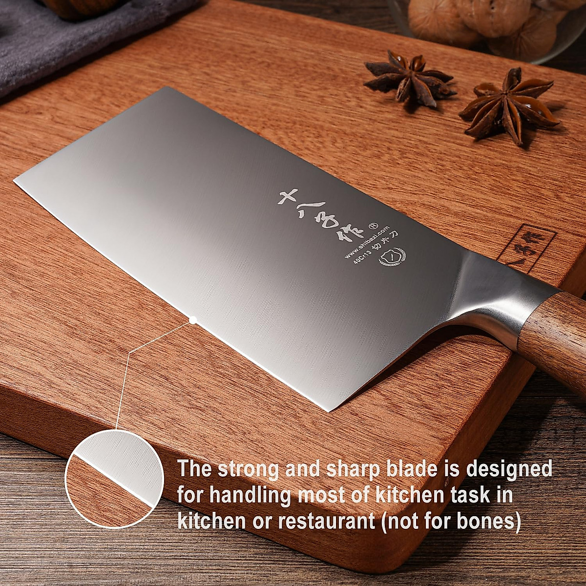 SHI BA ZI ZUO 7 Inches Stainless Steel Meat and Vegetable Cleaver Knife with Ergonomic and Sturdy Wooden Handle