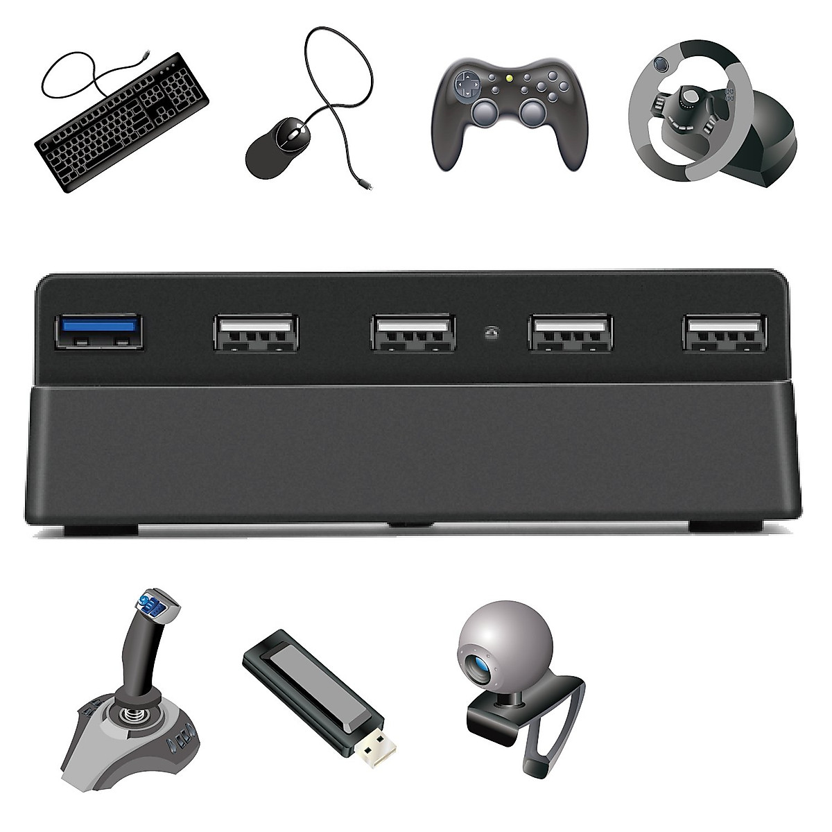 TNP 5 Port USB Hub for PS4 Slim Edition - USB 3.0/2.0 High Speed Extender Adapter Accessories Expansion Hub Connector Splitter Expander for PlayStation 4 Slim Gaming Console (for PS4 Slim ONLY)