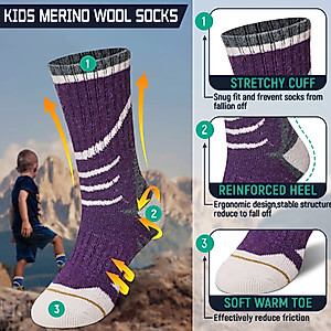 Kids Hiking Walking Socks, Boys Girls Toddlers Merino Wool Warm Socks,Wicking Cushion Crew Socks (6 Pairs A, 4-8 Years)
