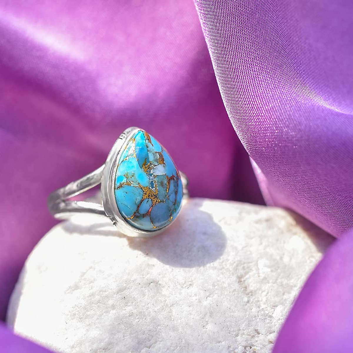 YoTreasure 10x14 MM Blue Copper Turquoise Solid 925 Sterling Silver Teardrop Ring