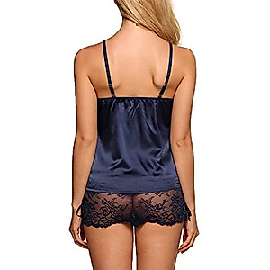 Avidlove Women's Satin Pajama Cami Set Silky Lace Nightwear 2 Piece Lingerie Shorts Sleepwear (Navy Blue, M)