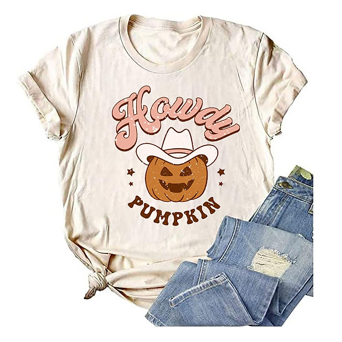 Howdy Pumpkin Shirt Women Western Halloween Tshirt Retro Vintage Pumpkin T-Shirt Cute Fall Tops Cowgirl Party Tee (XXL,Beige)