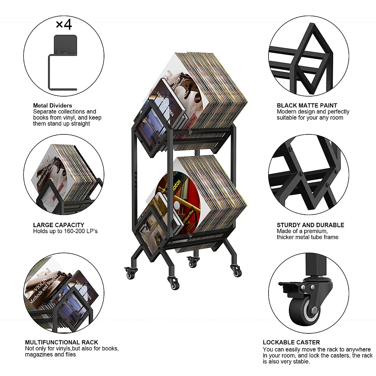 Simoretus Vinyl Record Storage Holder Rack LP Storage Display Stand with Casters Easy to Move Mobile Book Albums Storage Magazine Holder Office Files Organizer Shelf (T-32.5 inches)