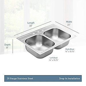 Moen GS202133Q 2000 Series 33-inch 20 Gauge Drop-in Double Bowl Stainless Steel Kitchen Sink, Featuring QuickMount