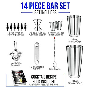 NutriChef Mixology Bartender Cocktail Shaker Set - 15 & 30 oz Stainless Steel Cocktail Bar Set Mix Drink Shaker Kit - Essentials Martini Making Kit Drink Mixing Starter Set - NCCS15PC (15 Piece Set)