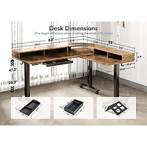 Claiks Triple Motor 63" L Shaped Standing Desk with Drawers, Electric Standing Desk Adjustable Height, Corner Stand up Desk with Splice Board, Black Frame/Rustic Brown Top