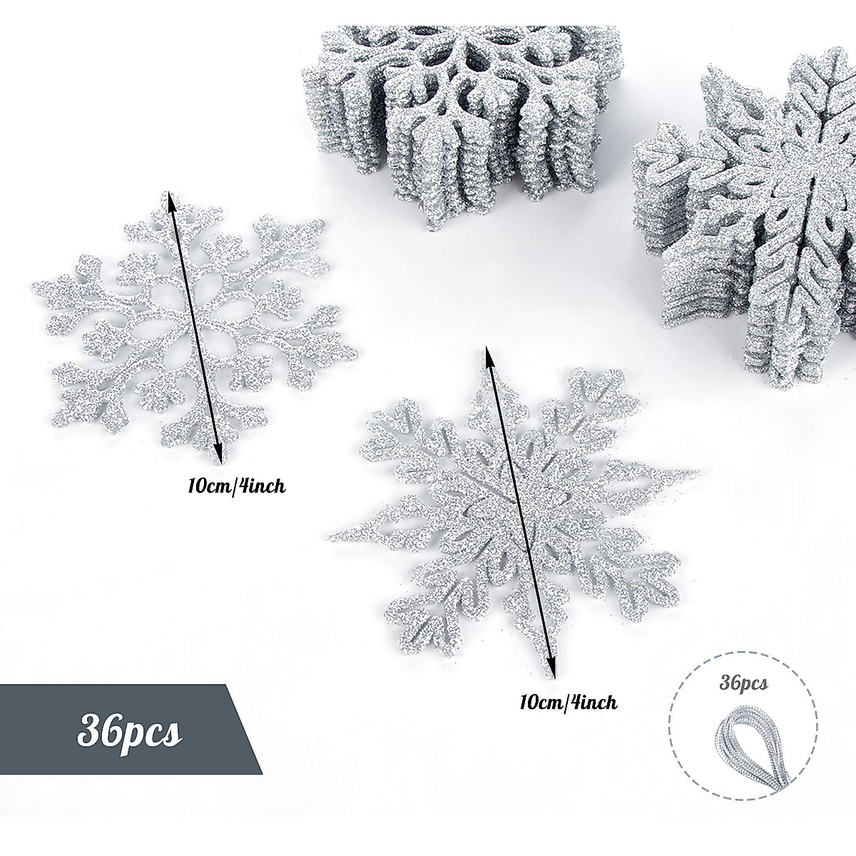 36Pcs Plastic Snowflake Ornaments, Christmas Silver Glitter Snowflake Hanging 4 Inches Large Snowflake Pendants Decorations for Christmas Tree Window Wedding Embellishing Party Decorations(Silver)