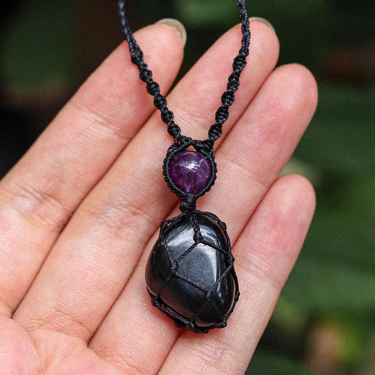 CrystalsMacrame Black Obsidian and Amethyst crystal necklace for protection and healing, handmade necklace with 2 stones pendant jewelry for women men teen girls boys