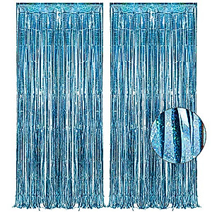 Blue Tinsel Curtain Party Backdrop - GREATRIL Foil Curtain Party Decor Photo Streamers Backdrop for Birthday/Baby Shower/Mermaid/Under The Sea/Ocean/Frozen Party Decorations - 1m x 2.5m - Pack of 2