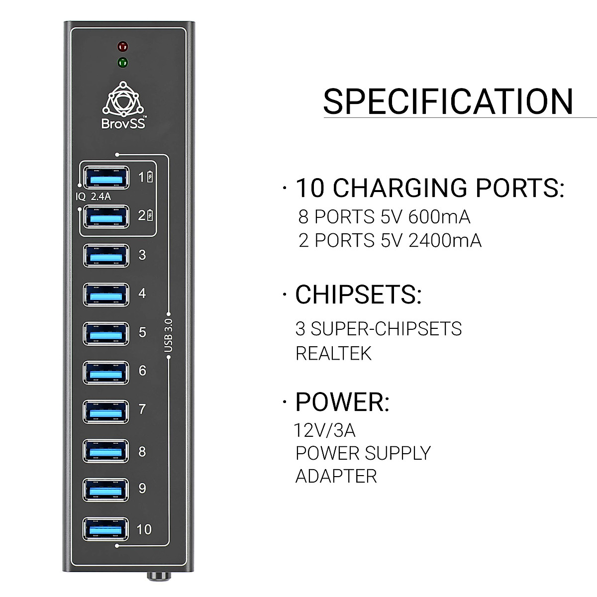 BrovSS: 10 Port Powered USB 3.0 Hub Aluminum with 4 IQ Ports - USB 3 Splitter with 12V 3A 36W Power Adapter. Connect up to 10 Electronics and USB peripherals (Black)