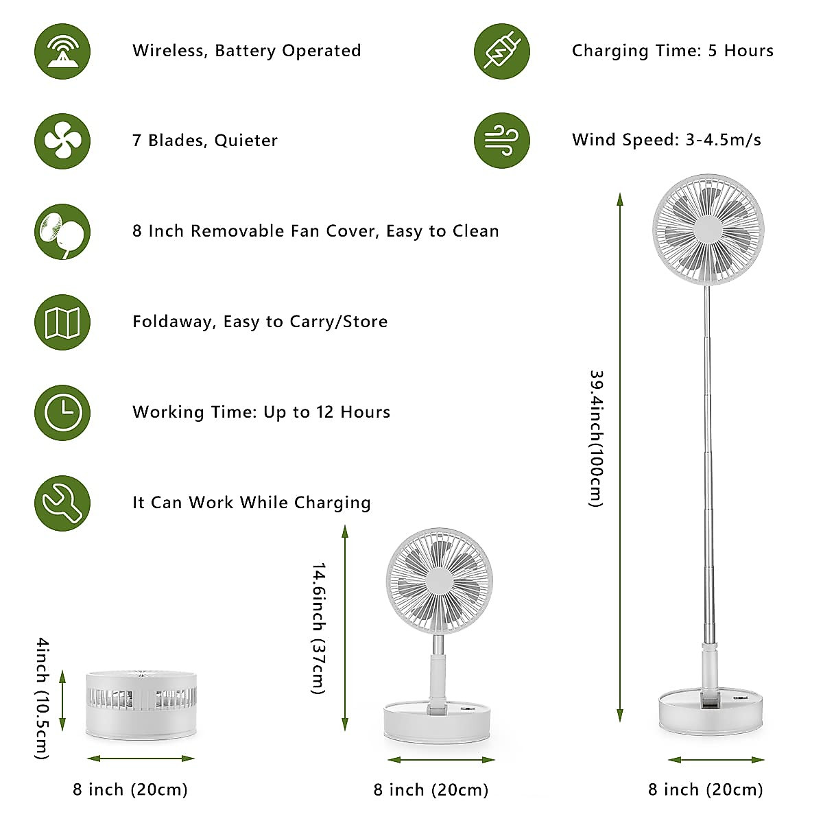 EZYDAYYI Rechargeable Battery Operated Fan for Bedroom, 7200 mAh 8 inch Foldable Oscillating Fan with Remote and Timer, 4 Speeds Portable Floor Standing Fan Small Table Desk Fan for Travel Camping