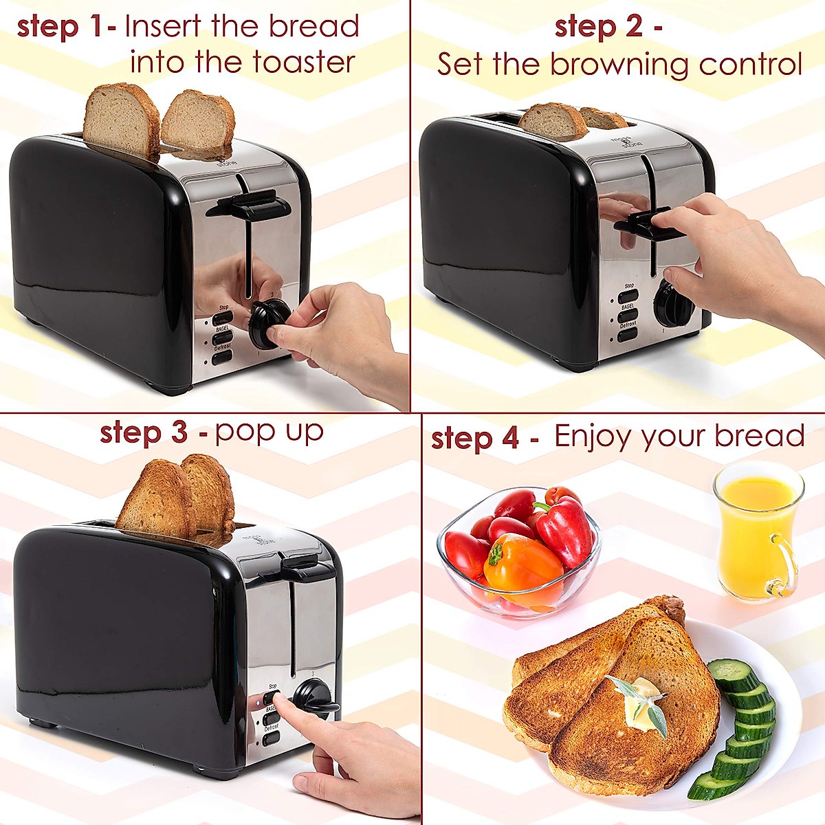 Moss & Stone 2 Slice Toaster, 1.5in Extra-Wide Slot Toaster For Bagel & Defrost with 5 Shade Settings, Bread Toaster 2 Slice With Removable Crumb Tray (black toaster)