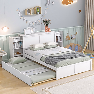 Lifeand Full Size Storage Platform Wooden Bed with Pull Out Shelves and Twin Size Trundle, White