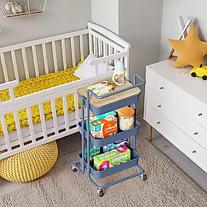 DTK 3 Tier Utility Cart with Cover Board, Rolling Cart with Lockable Wheels, Cups, Hooks for Home Office, Art Craft Storage, Home School Organization and More Uses(Blue)