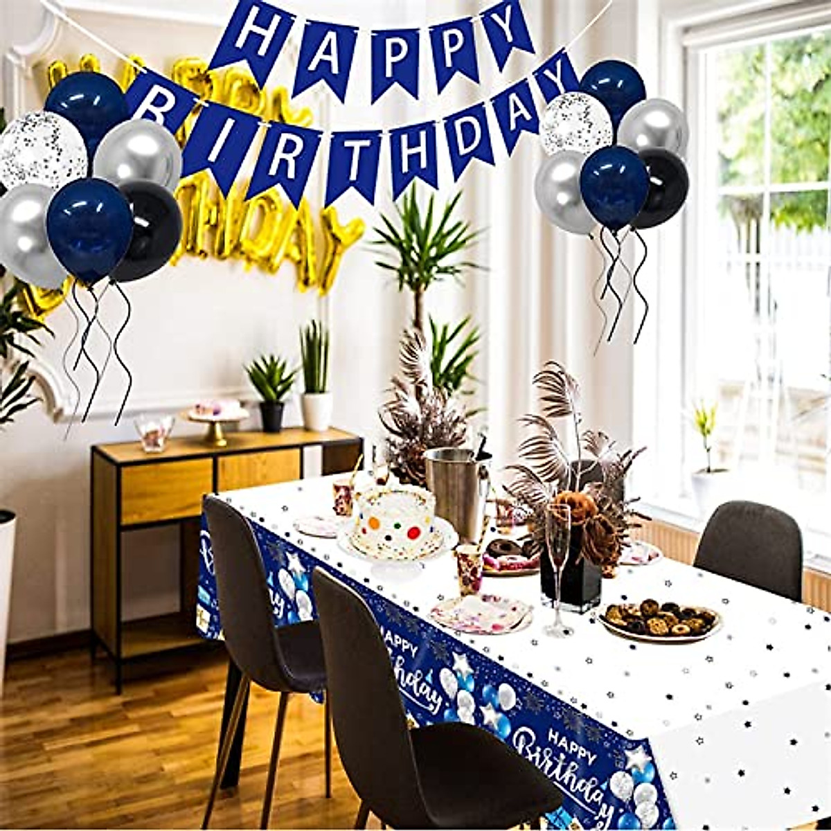UOMNICUE Happy Birthday Tablecloths, 2 Pack Navy Blue and Silver Waterproof Stainproof Plastic Disposable Rectangle Birthday Table Cover for Kids Boys Girls Baby Shower Birthday Party Decorations