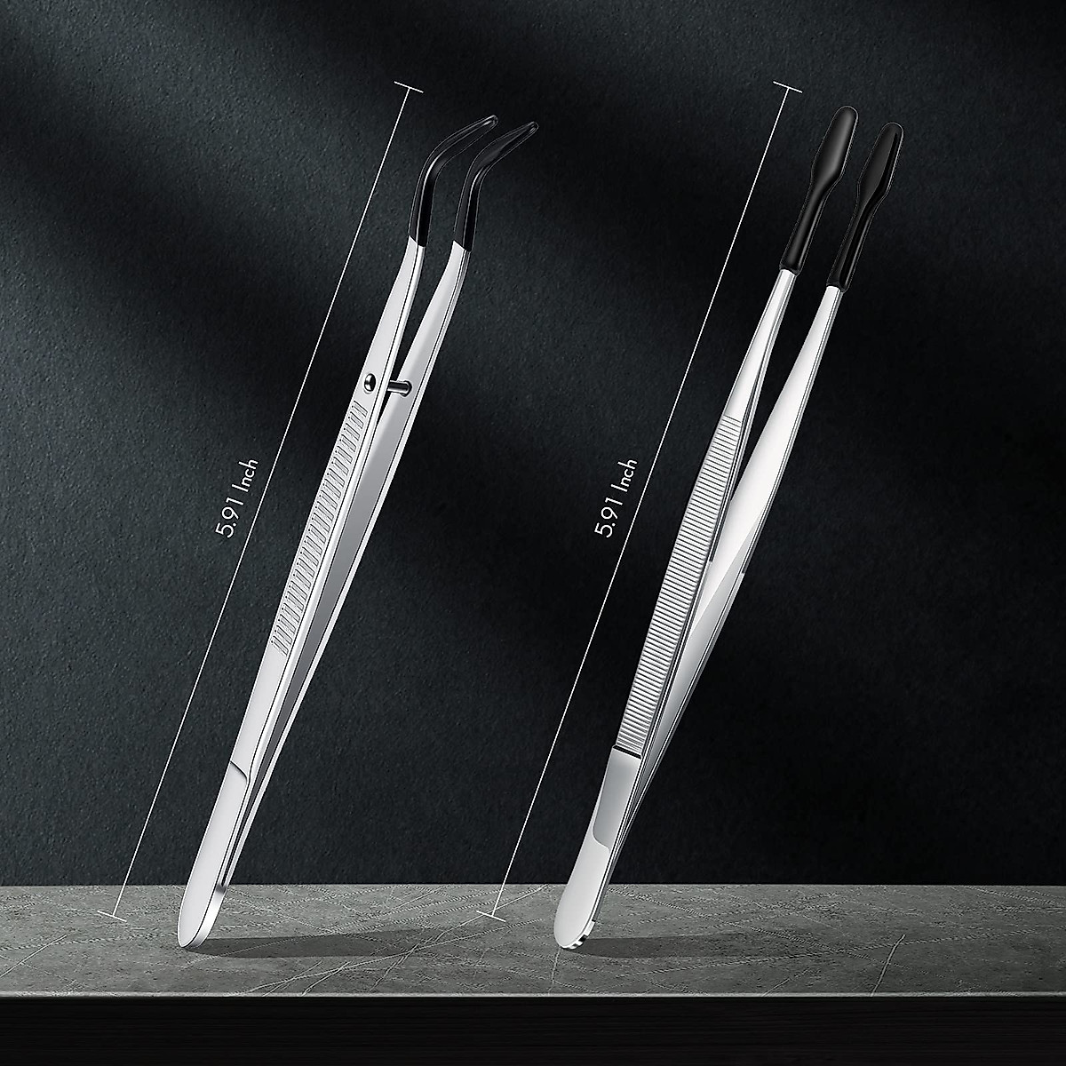 2 Pieces Tweezers with Rubber Tips Set PVC Rubber Coated Tips Bent and Straight Flat Tip Tweezers Stamp Coins Jewelry Hobby Crafts Industrial Electronic Tweezers Tools (Silver, Black)