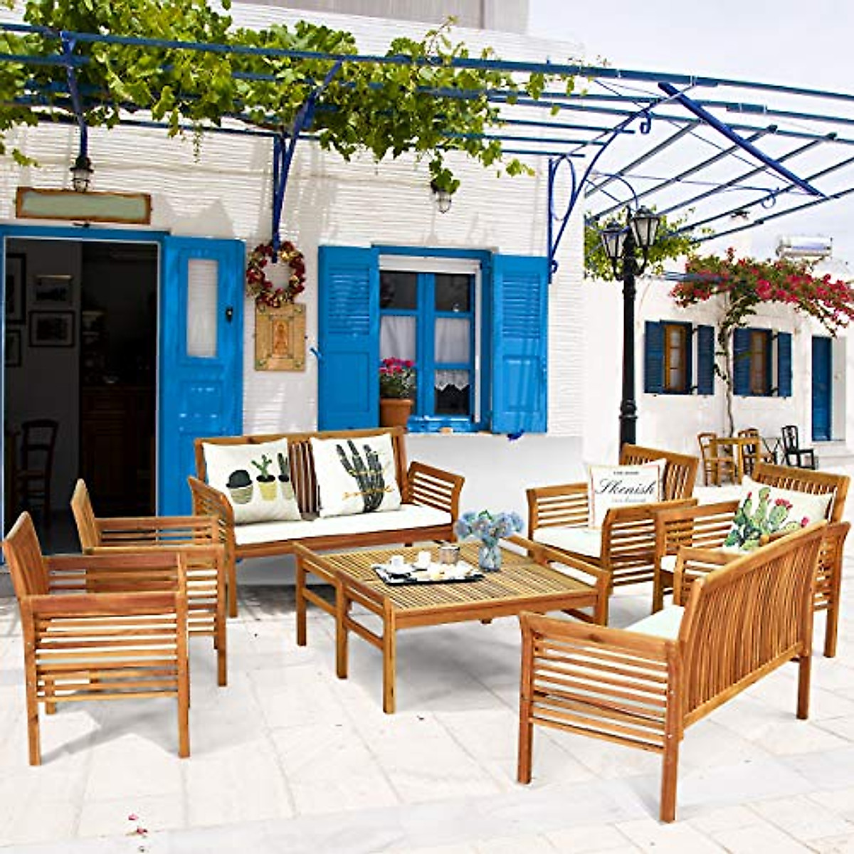 Tangkula 4 Piece Outdoor Acacia Wood Sofa Set w/Water Resistant Cushions, Padded Patio Conversation Table Chair Set w/Coffee Table for Garden, Backyard, Poolside (2)