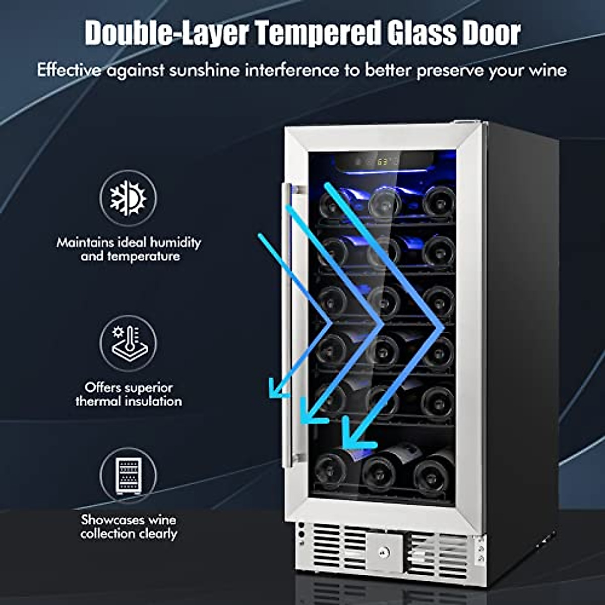 LDAILY 15” Wine & Beverage Cooler, Built-in/Freestanding Wine Refrigerator w/Temperature Memory, Dual-Layer Tempered Glass Door, Lock & Keys, Under Counter Mini Fridge for Soda, Beer, Wine, Bar