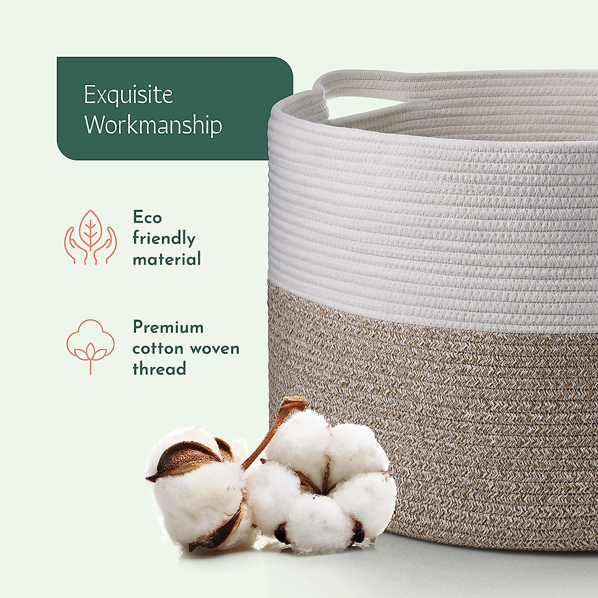 Decorative Jumbo Blanket Basket for Living Room - 100% Cotton Rope Woven Basket for Storage with 2 Easy Carry Handles, Holds up to 40Lb - Ideal for Pillows, Blankets, Laundry Hamper & Baby Toy Bin.