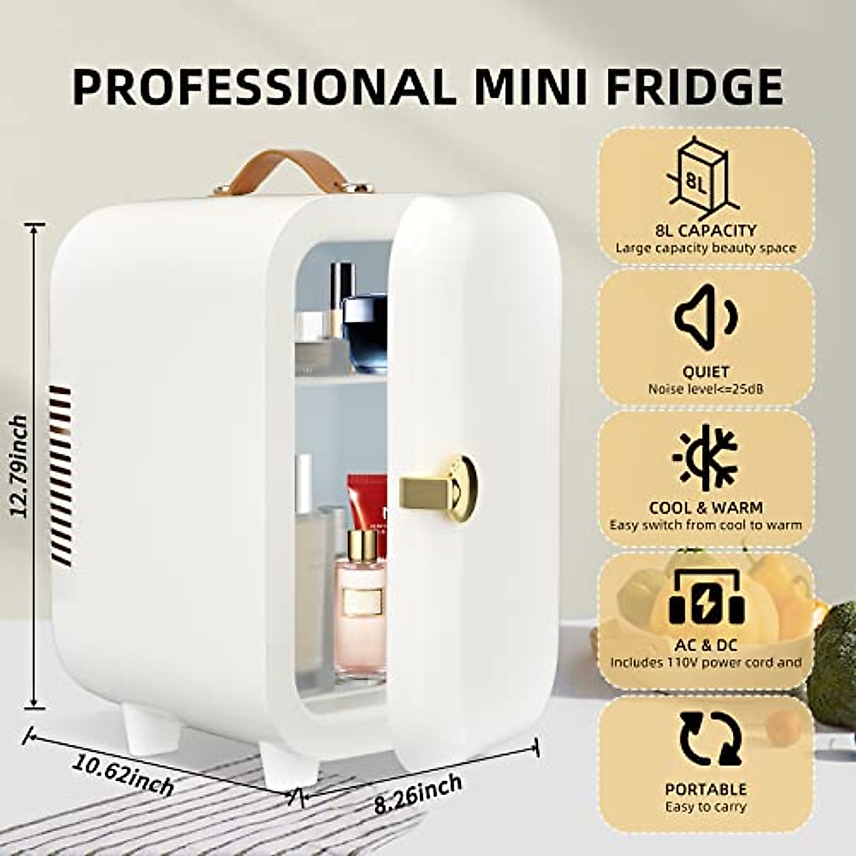 Cegsin Mini Fridge, 6 Liter/8 Cans Small Skincare Fridge, AC/DC Portable Mini Refrigerator, Compact Plug In Cooler and Warmer for Bedroom, Dorm, Office, Car, Beverage, Cosmetic & Makeup (Beige)