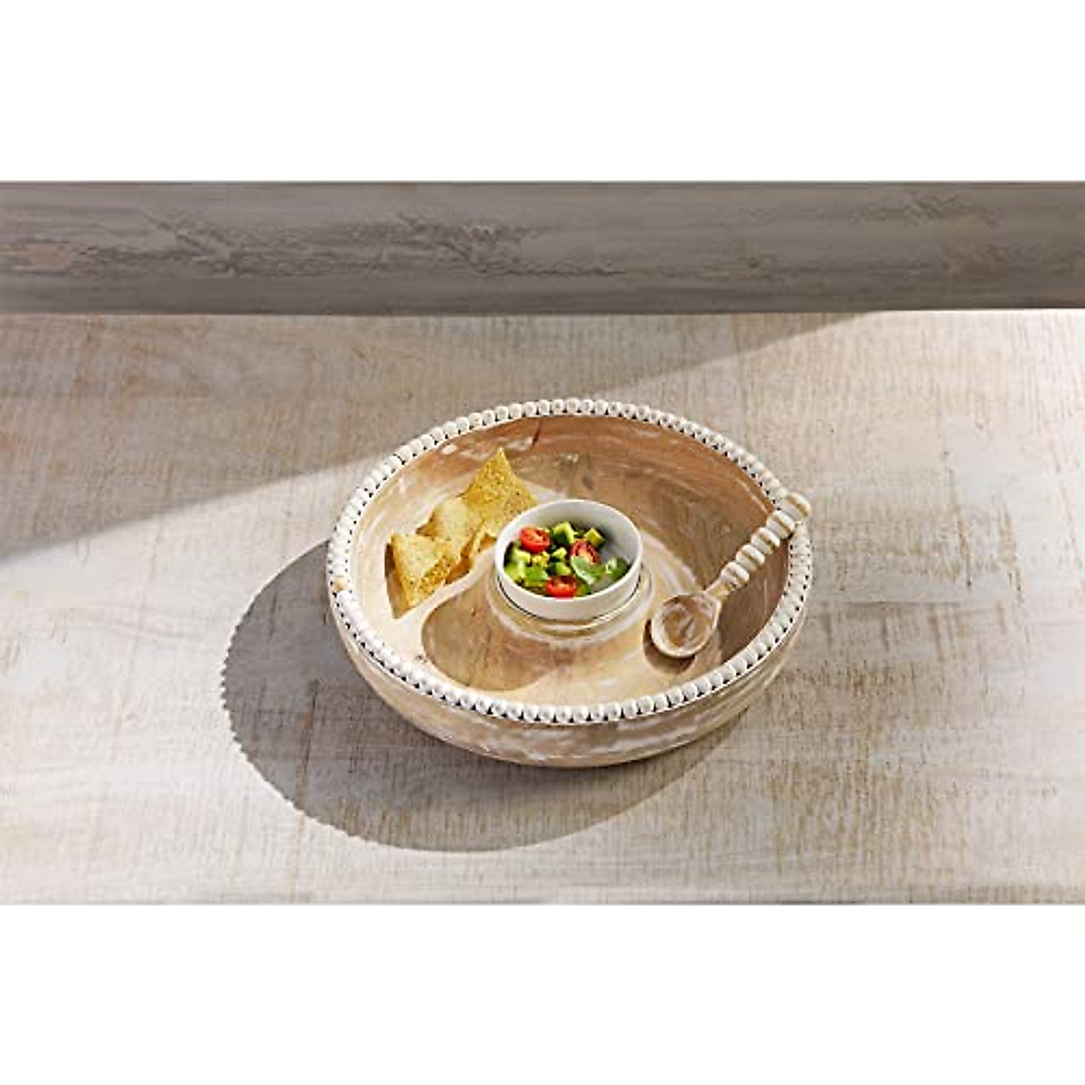 Mud Pie Chip Off the Old Block Stacked Chip and Dip Set, dish 2 1/2" x 13" dia | spoon 5 1/2"
