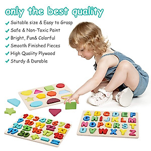 Wooden Puzzles for Toddlers - Wood Alphabet Number Shape Learning Puzzle for Kids Ages 2 3 4 5 - Boys Girls Preschool Educational Toys Gift