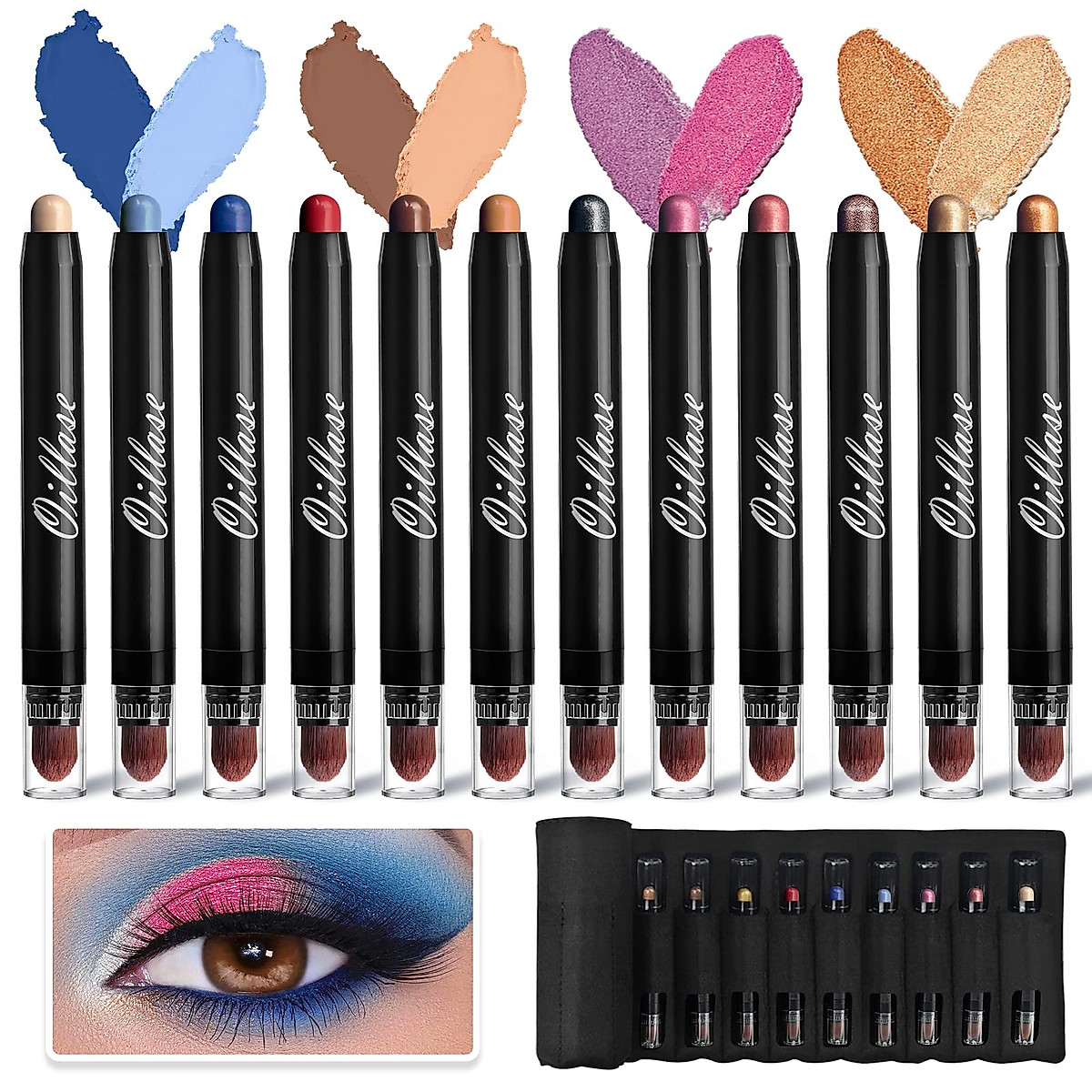 Oillase 12 PCS Eyeshadow Stick Sets with Smudge Proof Eyeshadow Primer Base, Waterproof Glitter Eyeshadow Pen with Soft Brush, Cream Eye Shadow Stick Makeup, Shimmer and Matte Eyeshadow Pencil Crayon