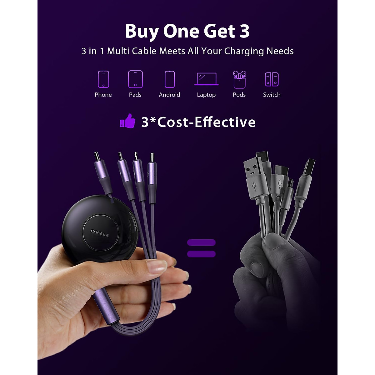 CAFELE Multi Charging Cable [Travel Companion] 100W Retractable Charging Cable, 3in1 Charging Cable Multiple Ends with USB C, USB L, Micro USB, Chargers for Multiple Devices Phone 14 Samsung MacBook