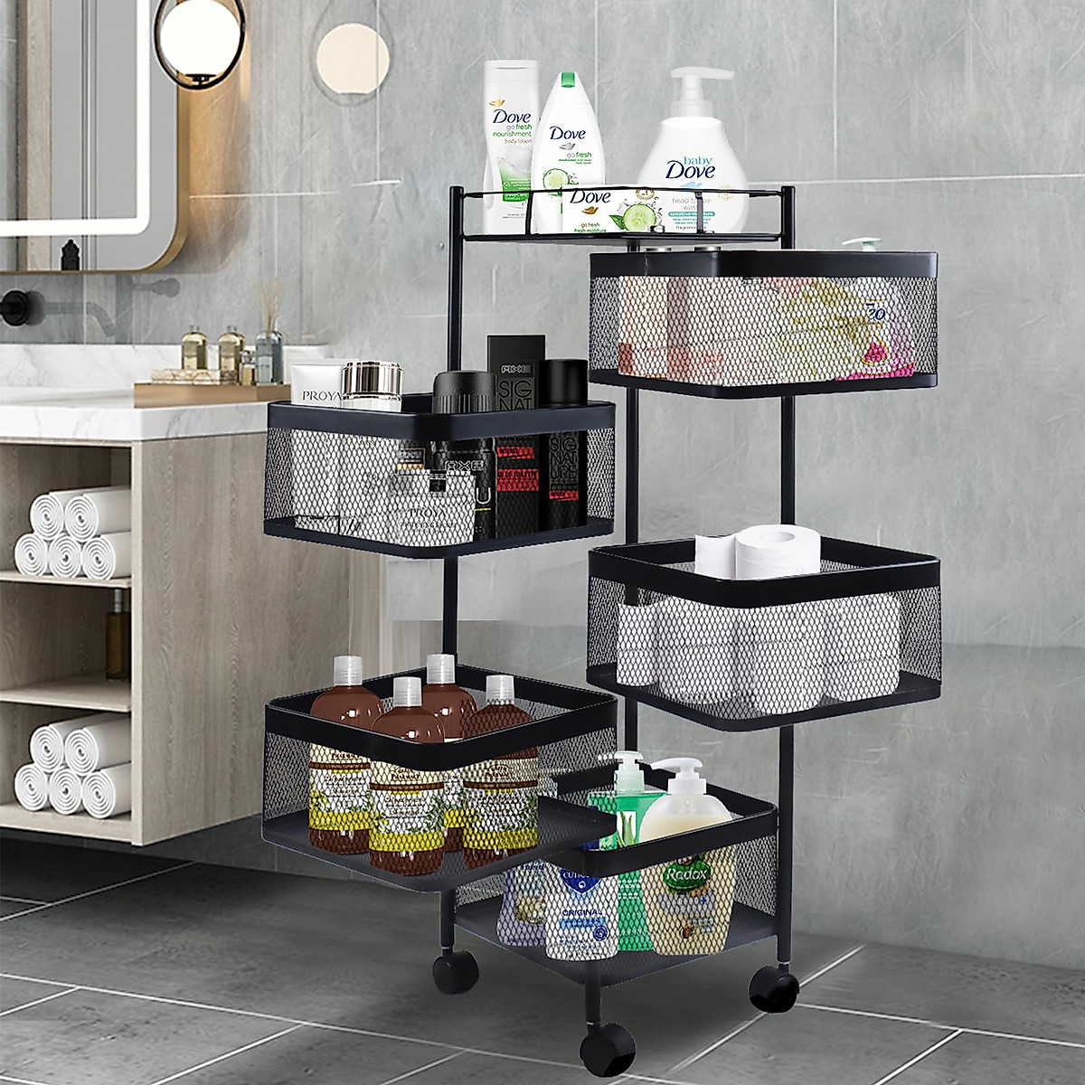 Black 5 Tier 360 Degree Rotating Metal Vegatable Storage Rack w/Swing Out Shelves