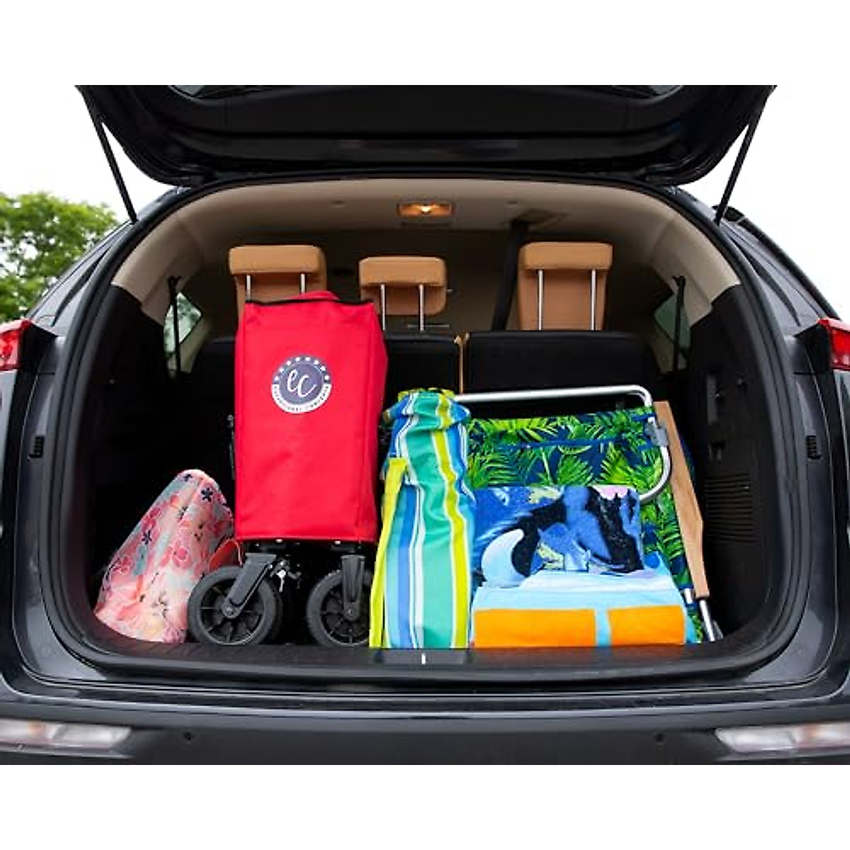 Collapsible Beach Wagon Large 220 lbs Capacity, Heavy Duty 40-inch Folding Wagon Cart with Big All-Terrain Wheels, Second Deck Design with Straps, Outdoor Camping Garden Utility Wagon Yard Beach (Red)