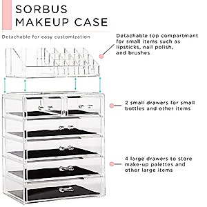 Sorbus Clear Cosmetic Makeup Organizer - Make Up & Jewelry Storage, Case & Display - Spacious Design - Great Holder for Dresser, Bathroom, Vanity & Countertop (4 Large, 2 Small Drawers)