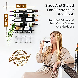 Black Wine Rack Wall Mounted with Shelf for 8 Wine Bottles & Glasses - Wood Rustic Wine Glass Floating Rack with Stemware Hanger. Wine Decor and Storage Holder for Kitchen, Living Room & Bar