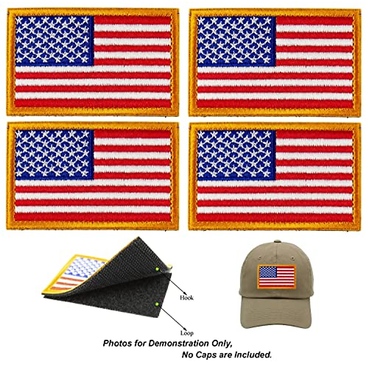 4 PCS Tactical Patches of USA US American Flag, with Hook and Loop for Backpacks Caps Hats Jackets Pants, Military Army Uniform Emblems, Size 3x2 Inches