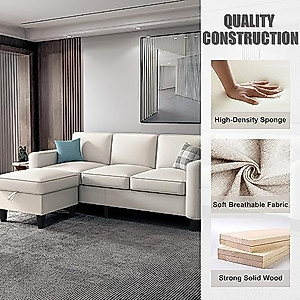 Lonkwa Convertible Sectional Sofa Couch, Beige Couches for Living Room, Sectional Couch with Reversible Storage Ottoman, 3-Seat L-Shaped Couch for Living Room, Apartment, Office, Small Space