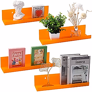Namalu 4 Pcs Acrylic Floating Shelves 15" Wall Mounted Floating Bookshelf for Kids Room Orange Display Ledge Wall Shelves for Bathroom Bedroom Living Room Kitchen Organizer