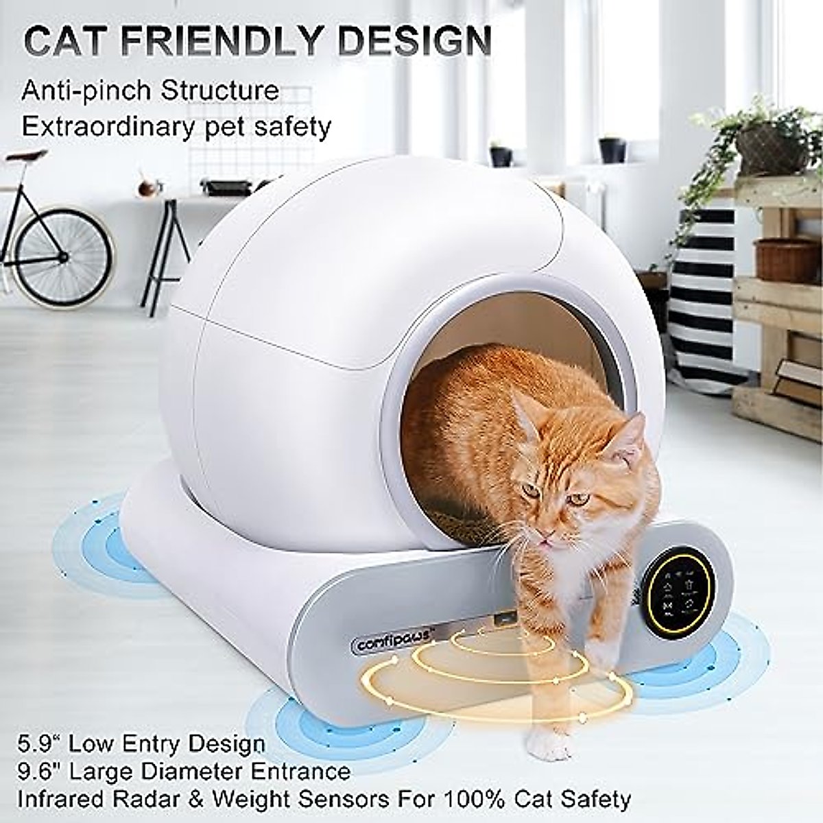Comfipaws Automatic Cat Litter Box Self Cleaning Robot Cat Litter Box for Multiple Cats, Auto Clean Cat Litter Box with APP Control & Ionic Deodorizer, 65L+9L Smart Cat Toilet with Mat, Liner, Brush