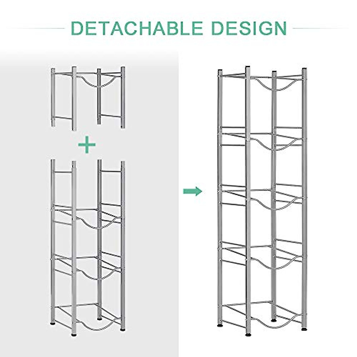 Water Cooler Jug Rack 5 Gallon Water Bottle Storage Shelve 5 Tier Detachable Water Bottle Holder Standing Buckets Dispenser Organizer Heavy Duty Cabby Rack with Anti-slip Rubber,Silver