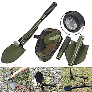 Hovico Military Portable Folding Shovel and Pickax, Small Compact Pickaxe with Carrying Pouch, Military Entrenching Survival Multitool for Camping, Hiking, Backpacking, Pouch Included - Green