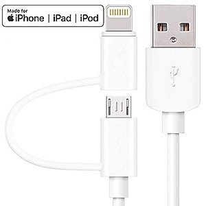 Apple MFi Certified 2 in 1 iPhone Charger Lightning Cable and Micro USB to USB Charger Cord, Compatible iPhone X, 8, 8 Plus,7 Plus, Android Data Cable 2 in 1 White(6FT)