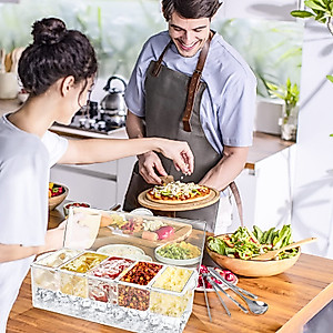 FODIENS 5 Compartment Condiment Server, Ice Chilled Condiment Containers with Lid, Clear Condiment Caddy Serving Tray on Ice with 5 Serving Spoons 5 Fruit Forks 2 Serving Tongs