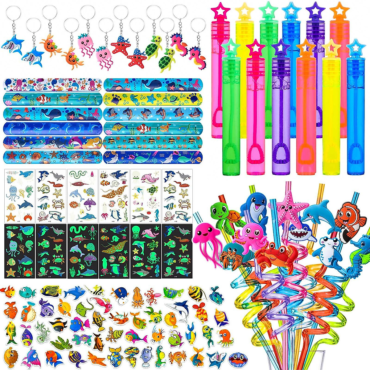 Golray 112pcs Under the Sea Party Favors Ocean Animal Creature Bulk Toy Gift Summer Birthday Supplies for Kids Boy Girl Straw Bubble Wand Tattoo Sticker Goodie Bag Filler Stuffer