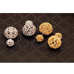 Ajojewel Double Sided Stud Earrings Balls Women Rhinestone Earing Fashion Jewelry (White Gold Plated)